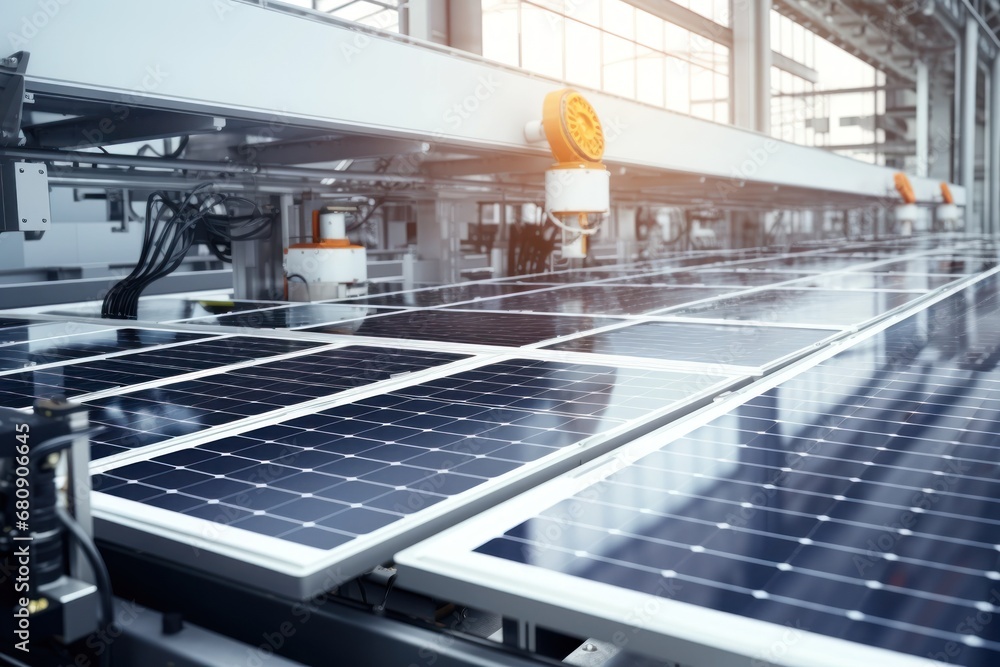 Solar panel production line with robot arm Solar panels are assembled ...