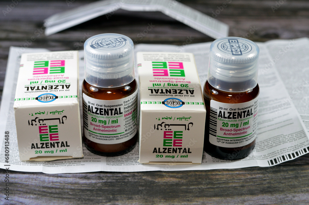 Cairo, Egypt, November 6 2023: Alzental 20 mg per mL suspension ...