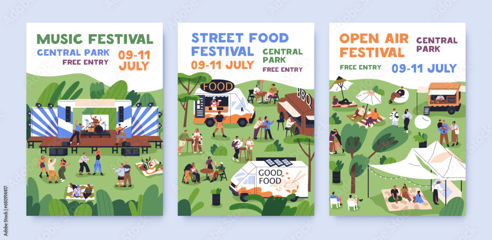 Summer open-air festival, advertising posters set. Music fest, holiday ...