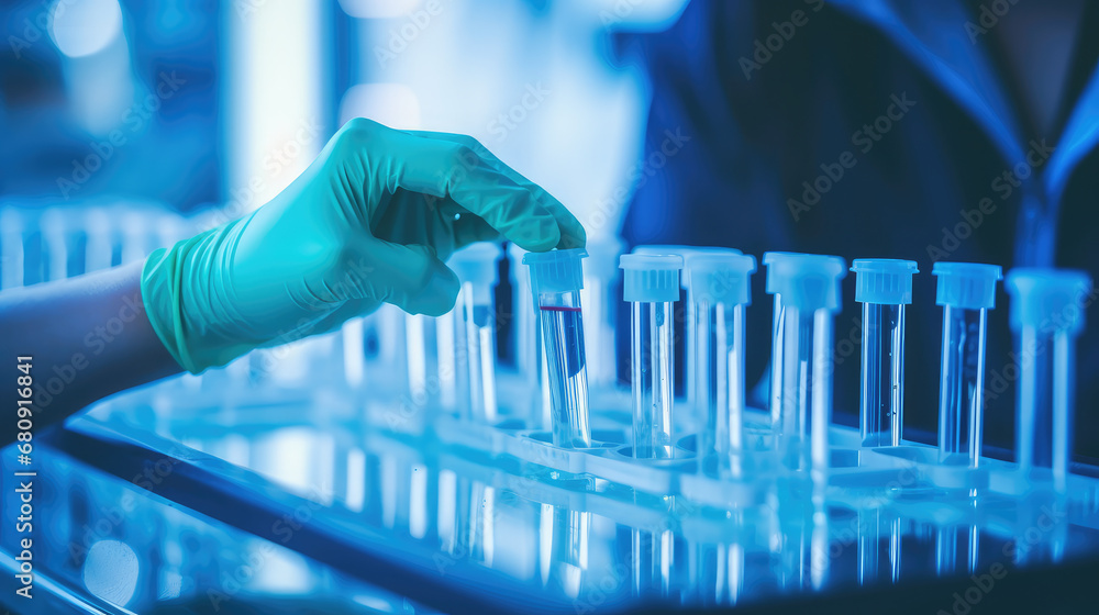 Lab doctor holding glass test tube for analysis. The hands in gloves of ...