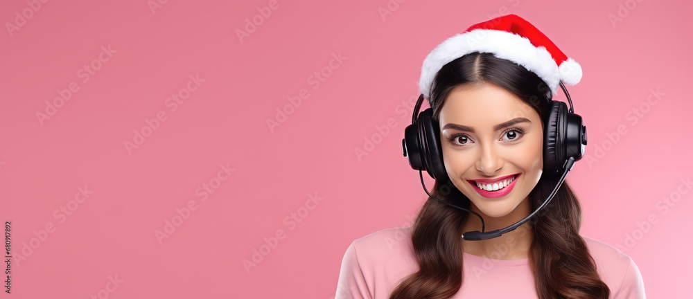 Young smiling woman call center operator in Santa Christmas hat ...