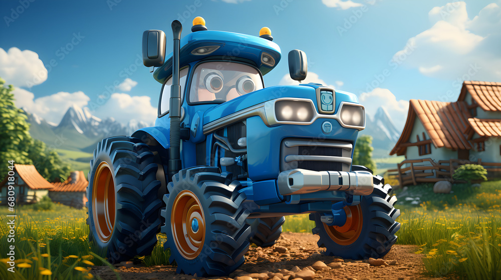 cartoon blue tractor with eyes on the yard Stock Illustration | Adobe Stock