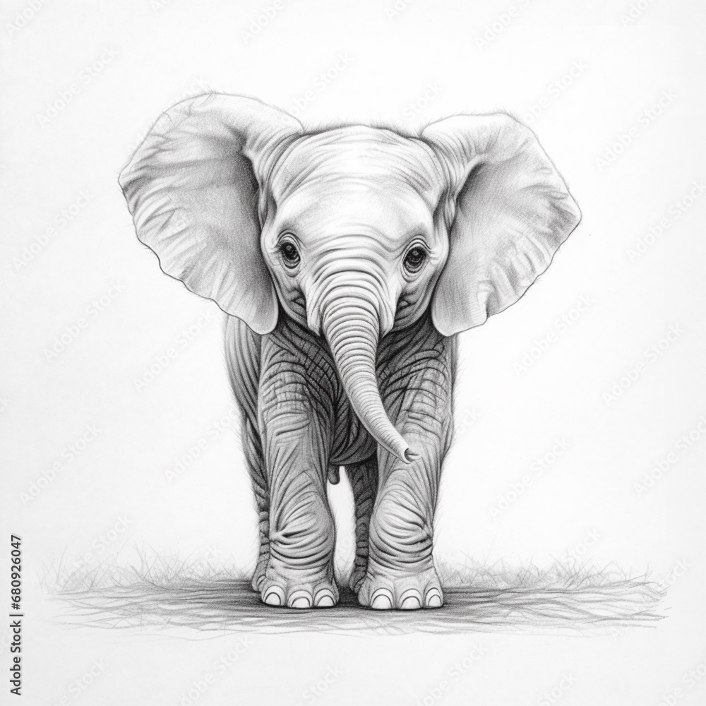 Pencil sketch cute baby elephant animal drawing image Generative AI ...
