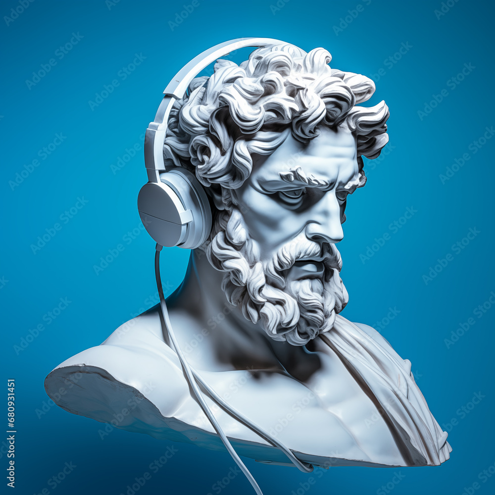 beautiful ancient Greek god sculpture using a modern headphones. pop ...