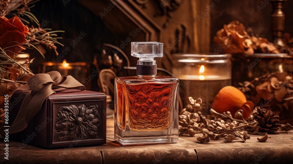 Rustic lether and wood fragrance showcase surrounded by its aromatic ...
