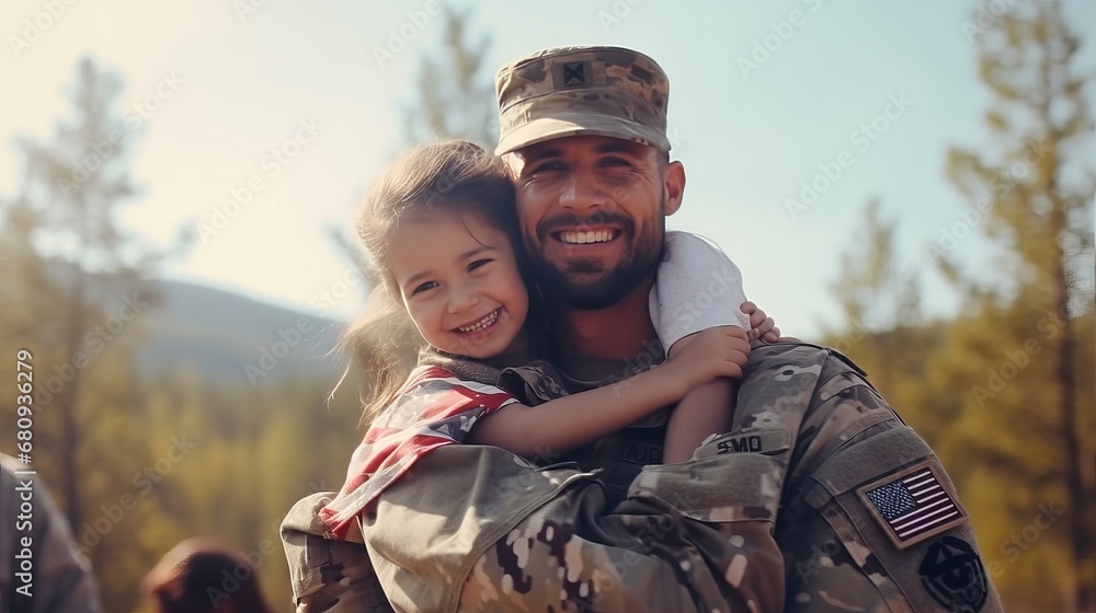 Military man father carrying happy little son with american flag on ...