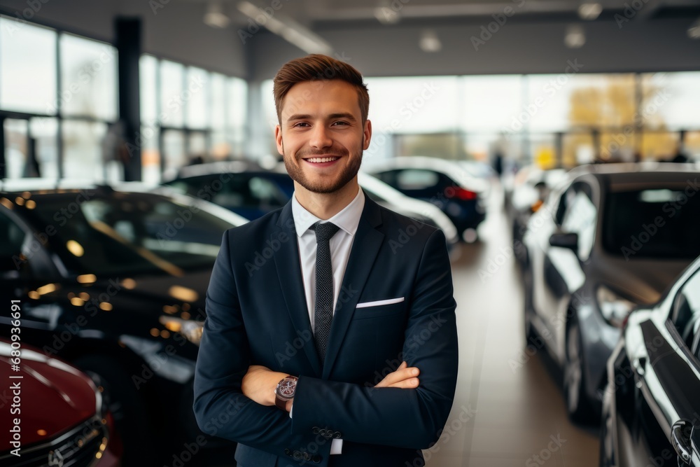 Professional car salesman in luxury showroom. Expensive car dealer ...