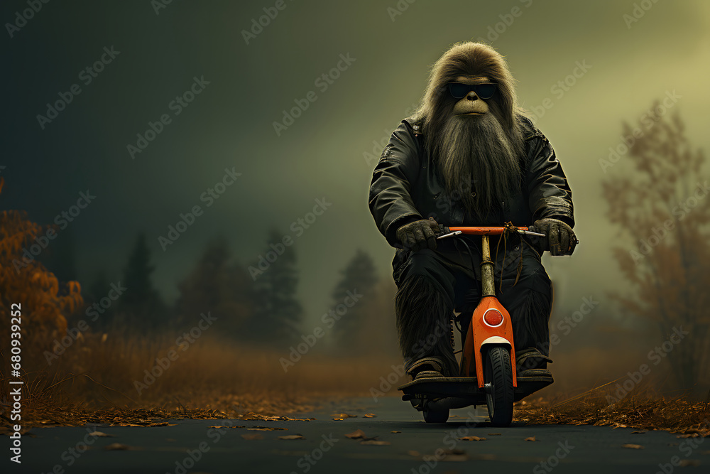 hairy beast Bigfoot rides scooter Stock Photo | Adobe Stock