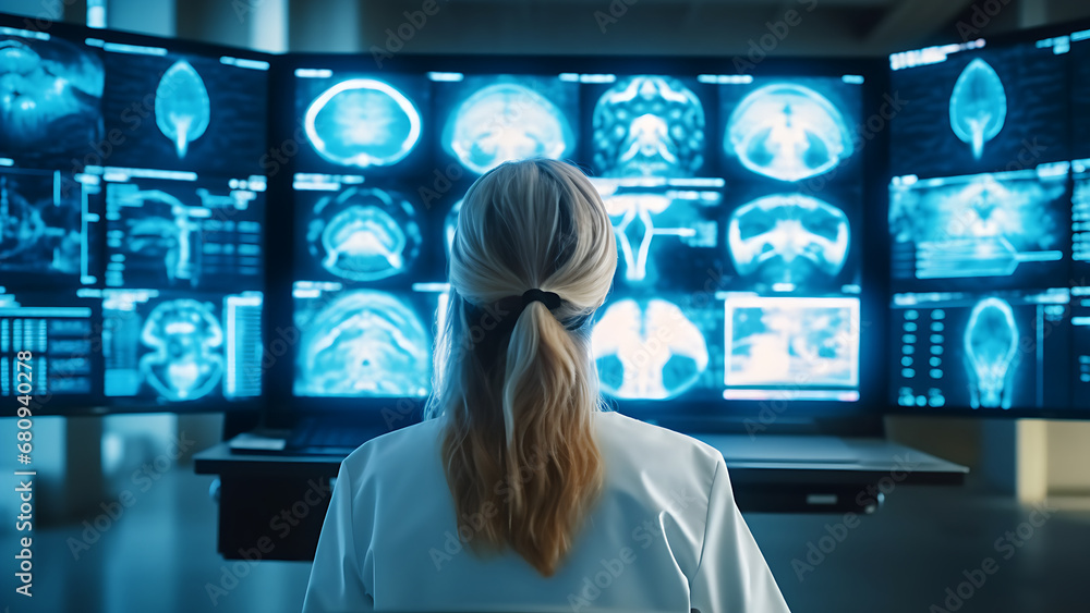 Female neurosurgeon analyzing computer tomography of the brain on a ...