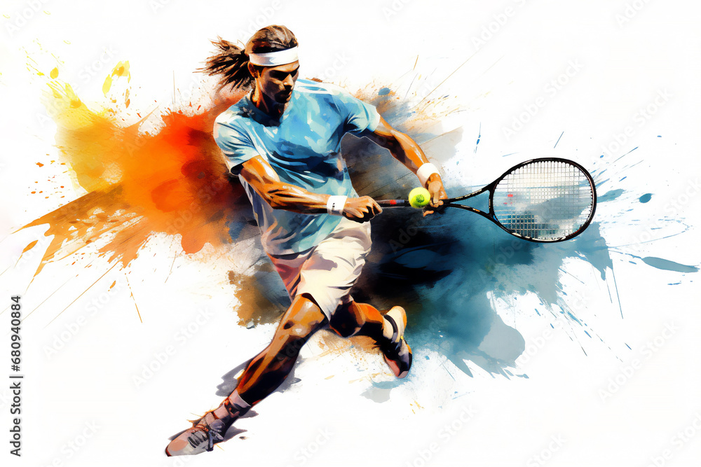 Abstract watercolour painting of an athlete male tennis player at a ...