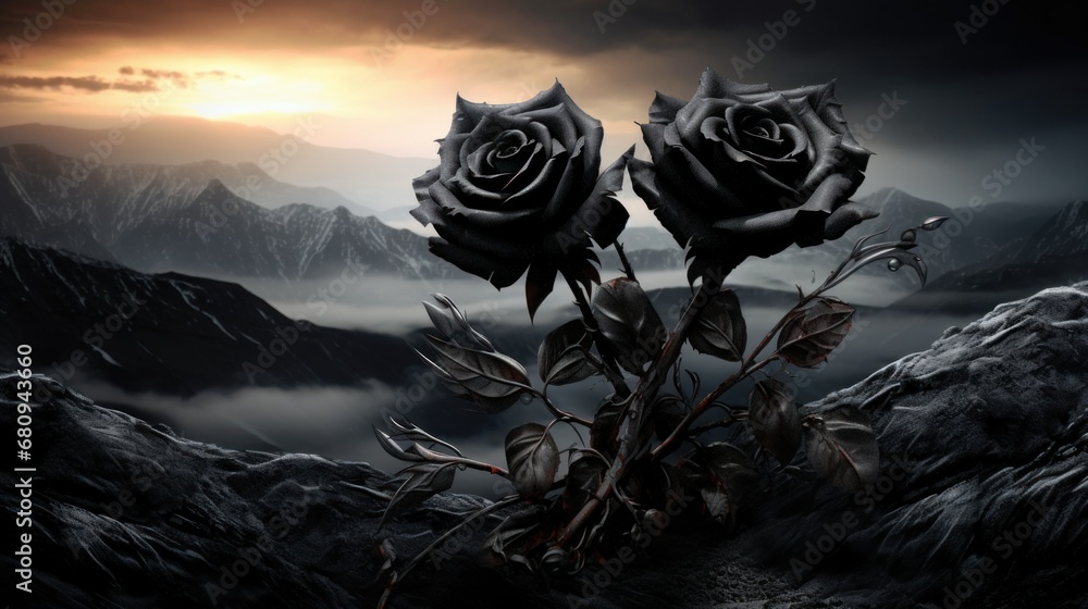 Dark mourning roses on black background, web banner. Mourning moody ...