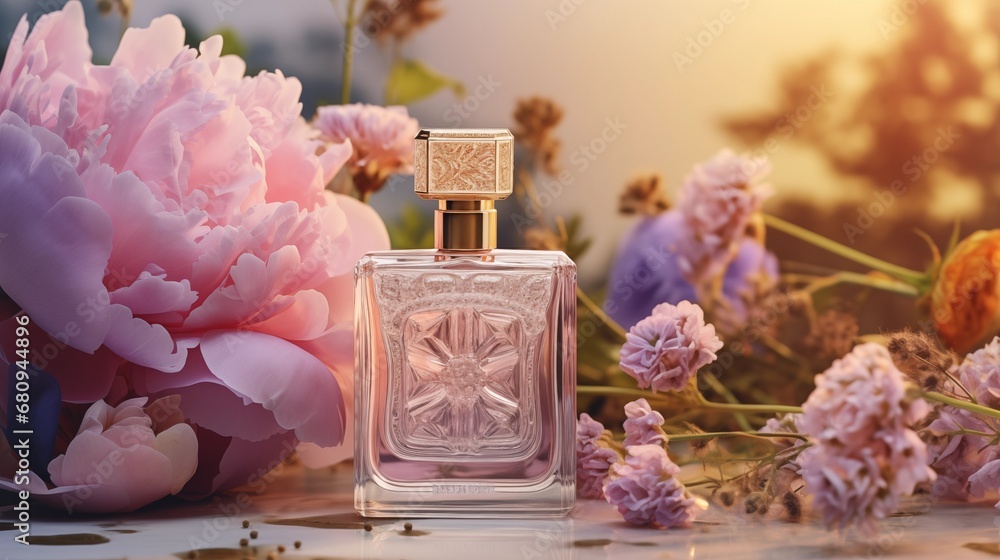 A perfum as a charming floral bouquet captured in a vintage-inspired ...