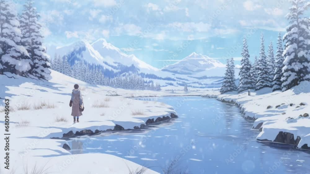 Beautiful fantasy winter landscape animation background and snowfall ...