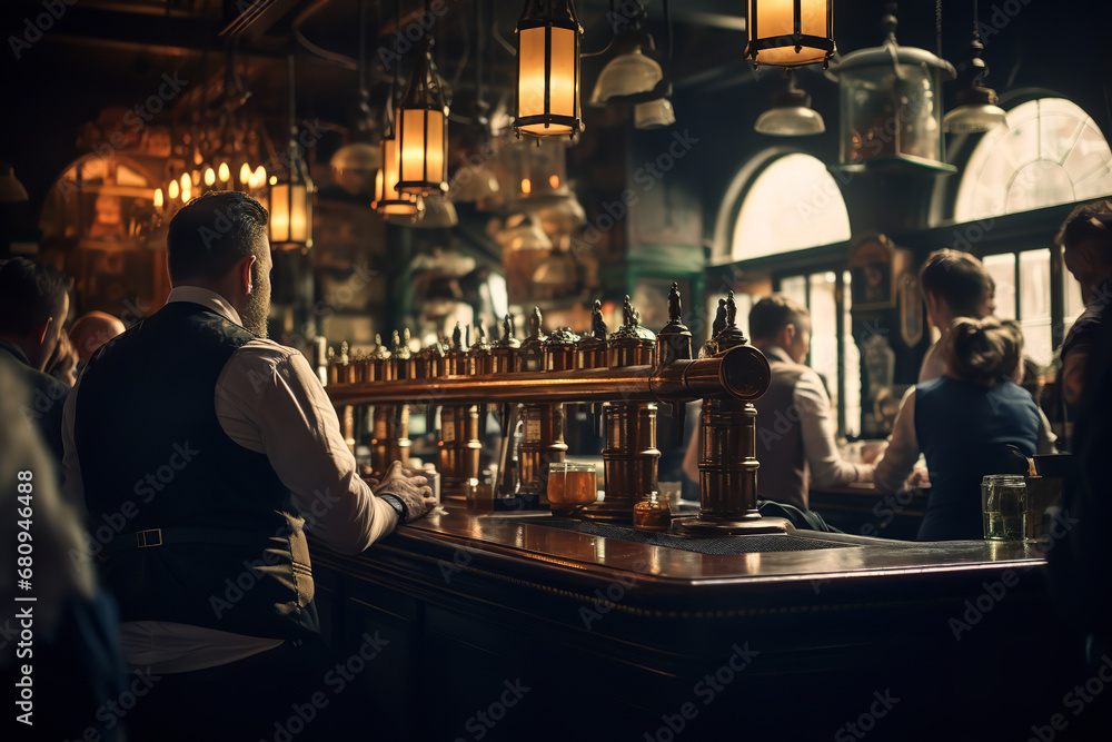 Step inside a traditional Irish pub, where the rich wooden bar counter ...