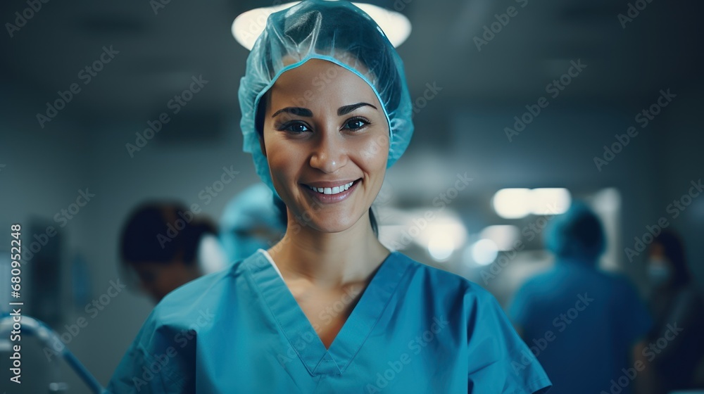 Female Surgeon with blue medical uniform smiling in operating room ...