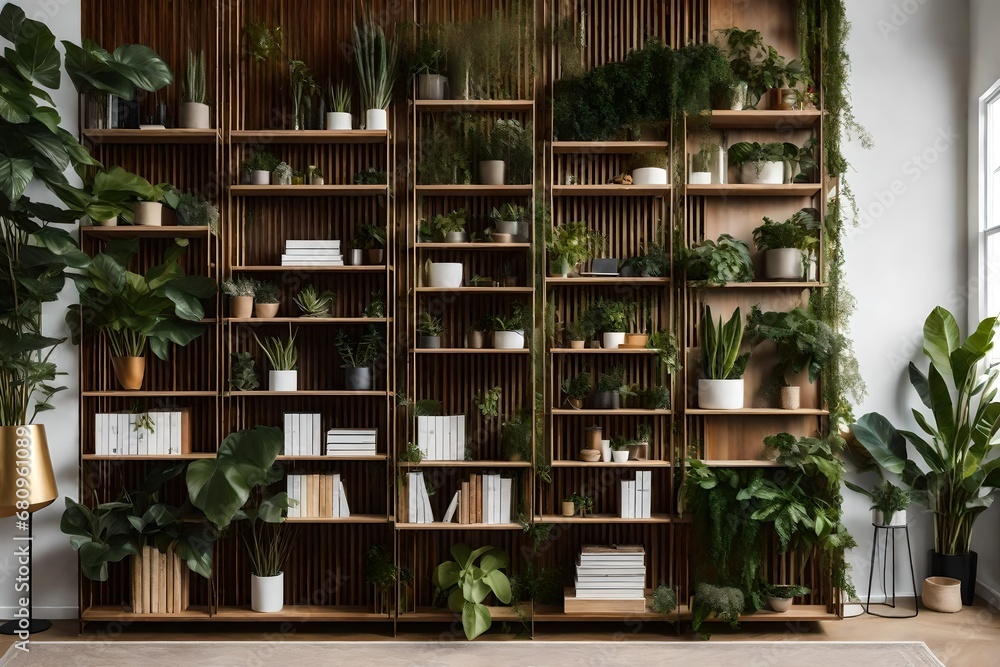A contemporary-style bookshelf adorned with plants that serves as a ...