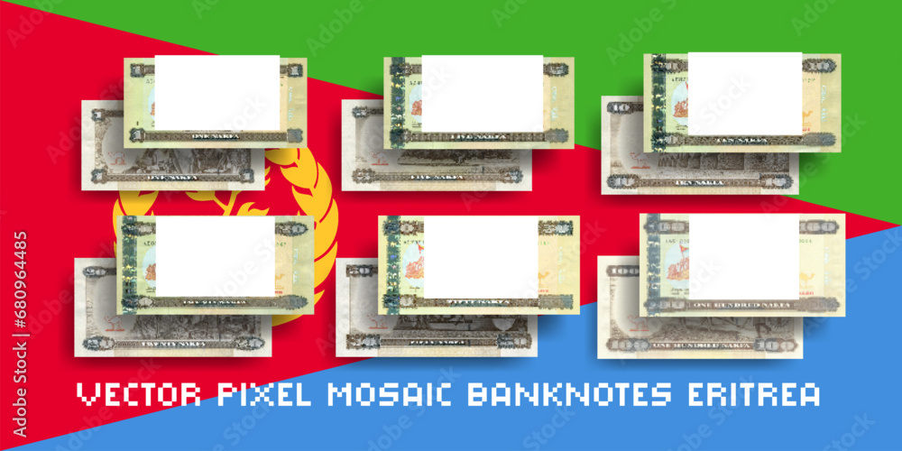 Vector set of pixel mosaic banknotes of Eritrea. Collection of bills in ...