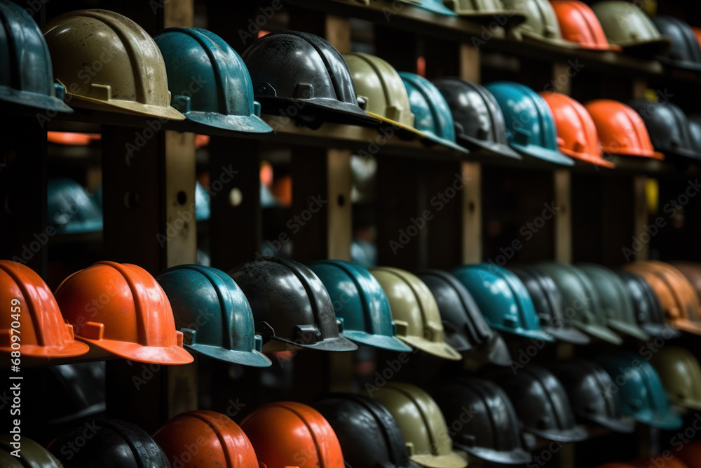safety helmets in industrial work site Stock Photo | Adobe Stock