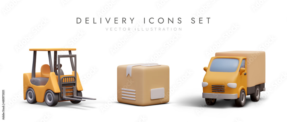 Collection of delivery icons set. Forklift, parcel, and yellow truck ...