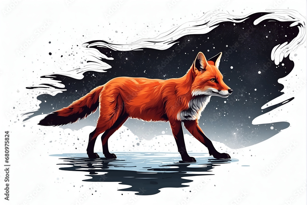 In the inky blackness of space, the silhouette of a lonely red fox ...