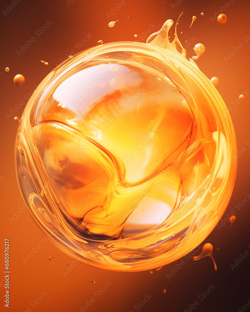 Vibrant orange liquid sphere suspended mid-air with dynamic droplets ...