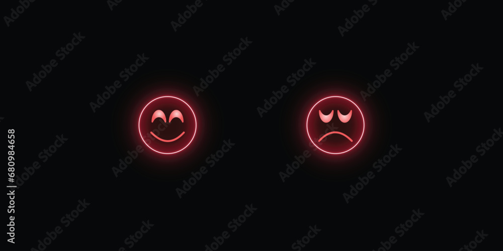 Neon happy and sad emoji. Glowing smile and sad face emoji. happy and ...