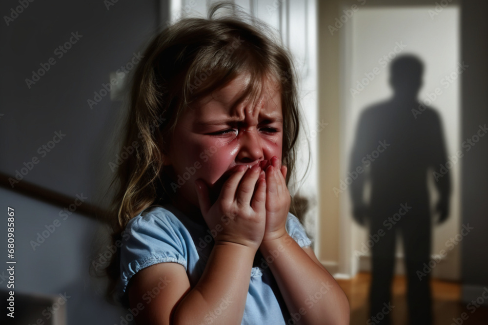 A little girl stands alone, tears streaming down her face as she ...