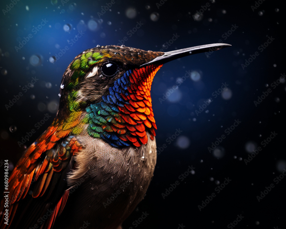 Gros plan, zoom sur un petit colibri avec les plumes colorées sur fond ...