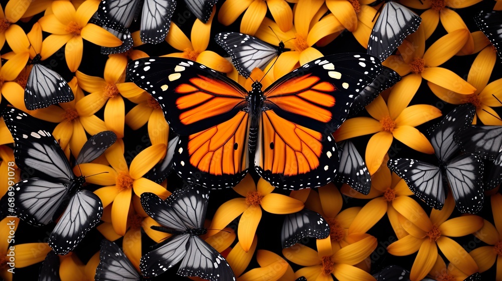 Monarch butterfly, flying in different directions. Butterflies side and ...