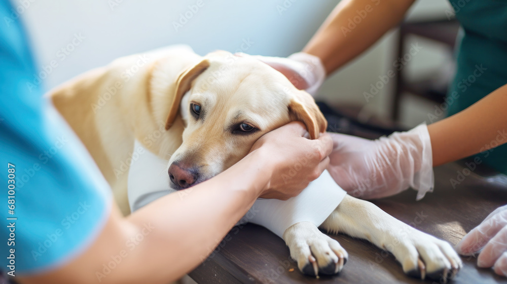 Vet examining dog inspecting health, injured pet, veterinary clinic ...