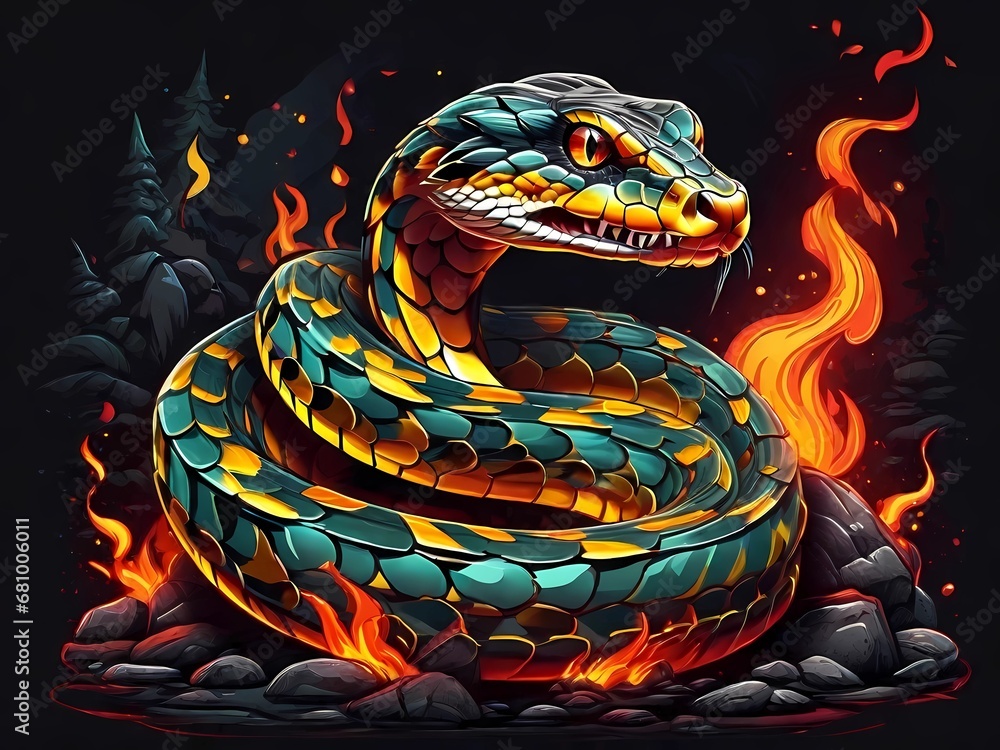 snake with fire effect, highly detailed, t-shirt design, detailed ...