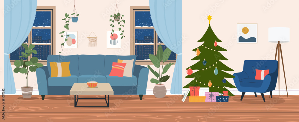 Christmas living room interior. Vector flat cartoon illustration Stock ...