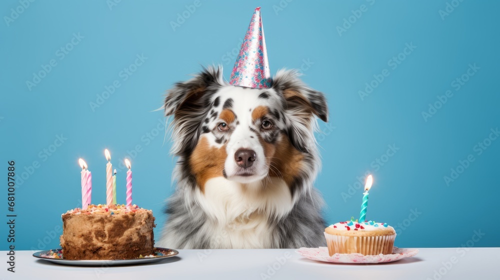Happy puppy celebrates birthday. Blue merle aussie australian shepherd ...