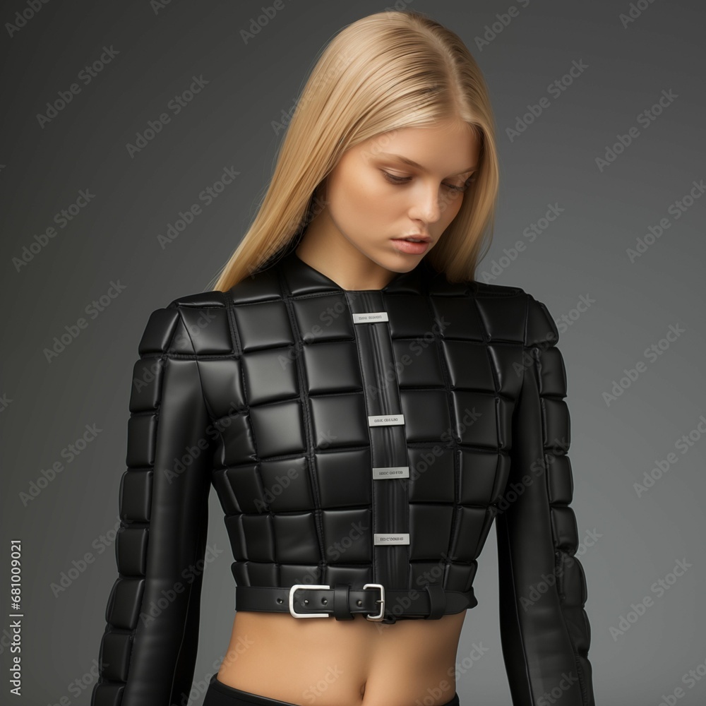 beautiful young blond woman in an armor corset on grey background photo ...