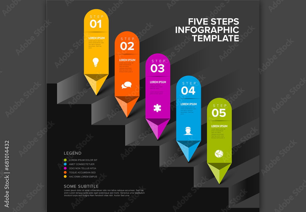 Simple dark infographic with title and five diagonal steps on solid ...
