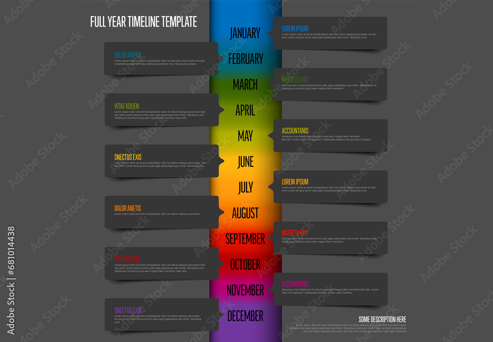 Rainbow full year vertical timeline template with dark gray bubbles ...