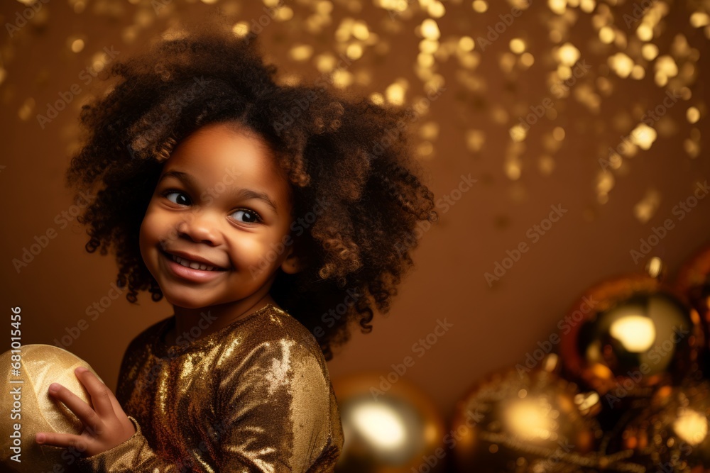 Festive Portrait of a Dark-skinned Child Holding Sleigh Bells in Front ...