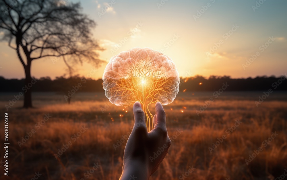 Hand with neural connections of a brain, landscape with field and ...