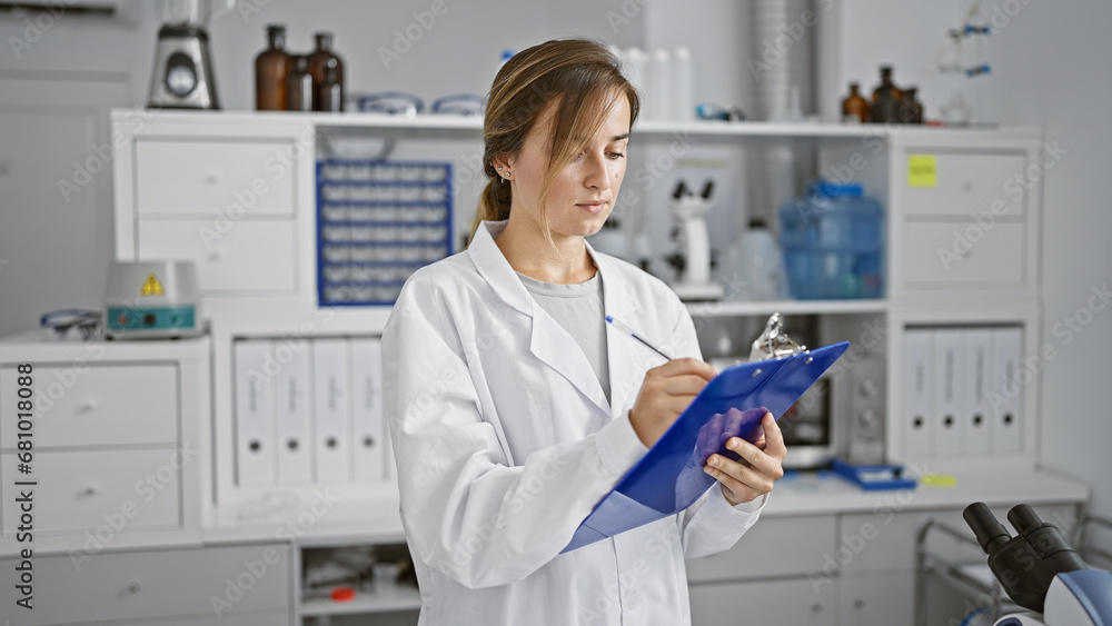 Dedicated young blonde scientist engrossed in deep medical research ...