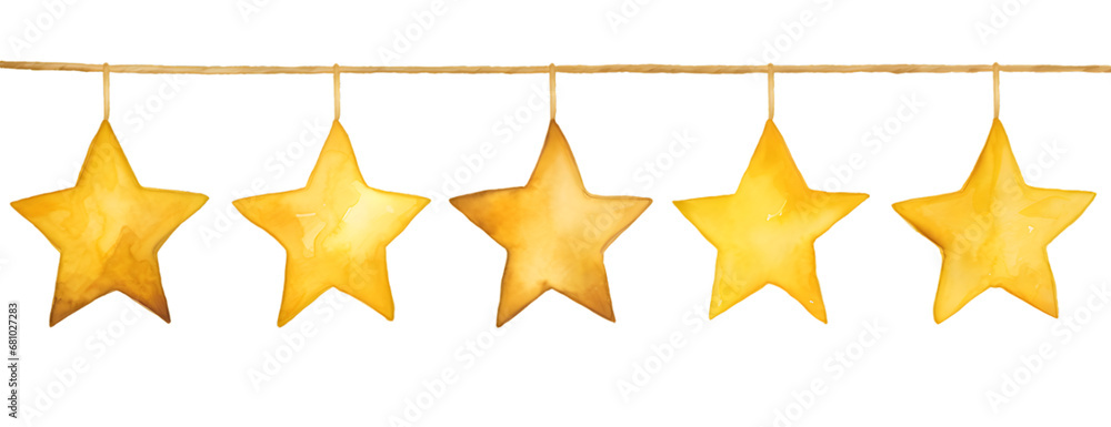 Yellow stars hanging on the clothesline watercolor illustration ...