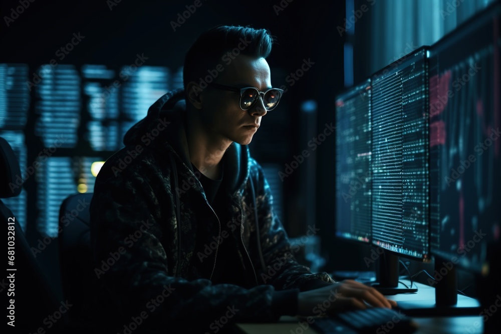 Hacking. Hacker makes a hacker attack near the laptop. Internet hacking. Concept - a member of a ...