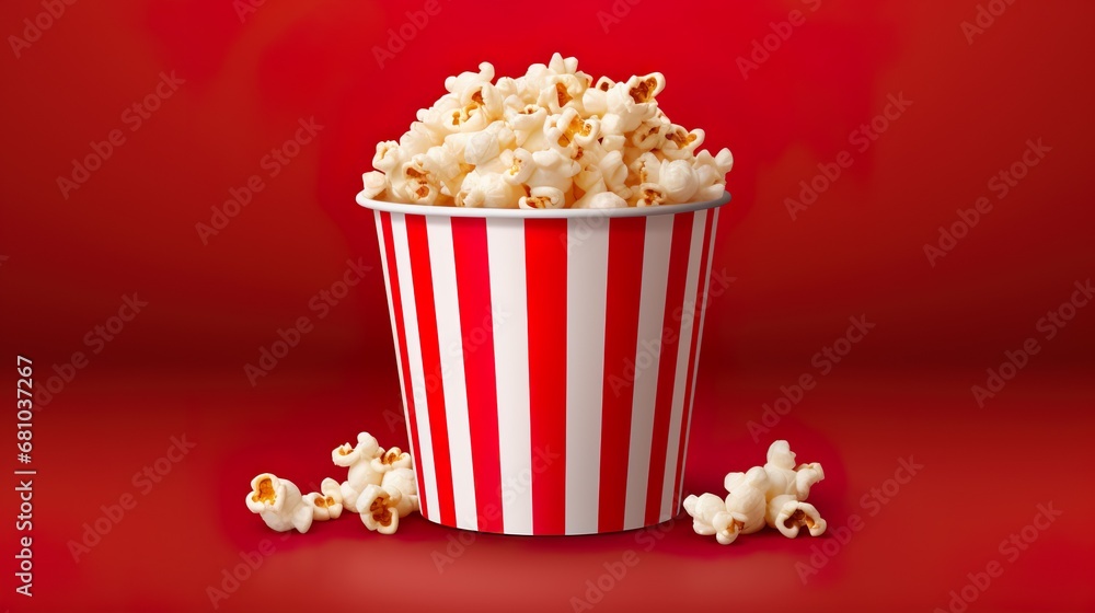 Crunchy popcorn snack ad poster with striped buckets and grains. Sweet or salt cinema food ...