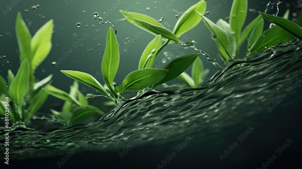 Herbal drink wave splash with green tea leaves and water flow. Vector ...