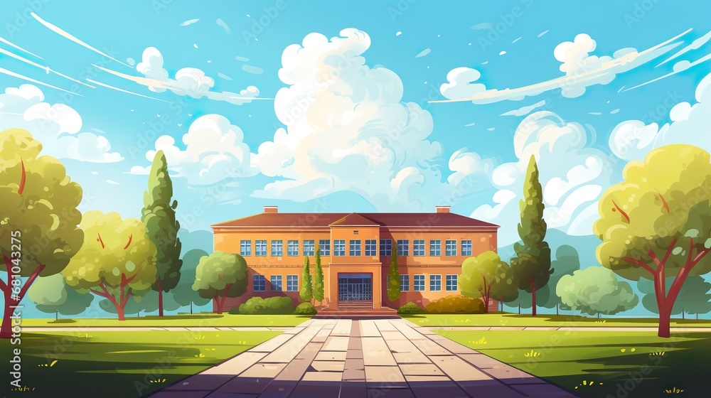 School building front view with green lawn modern school house exterior ...