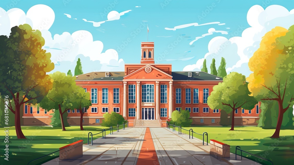 School building front view with green lawn modern school house exterior ...