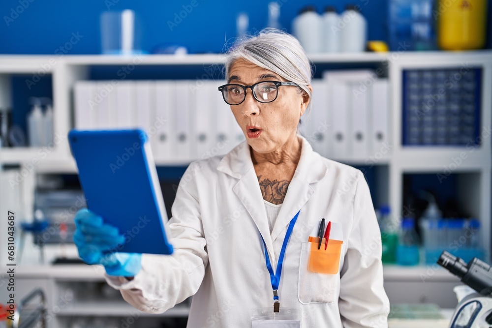 Middle age woman with grey hair working at scientist laboratory doing ...