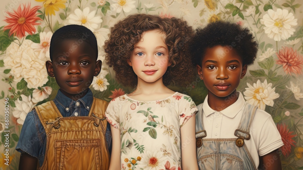 Group photo of children of different ages, races, skin colors, genders ...