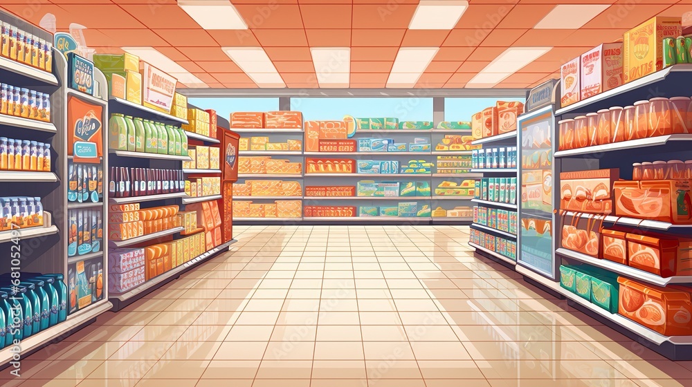 Supermarket aisle perspective view. Vector cartoon illustration of ...