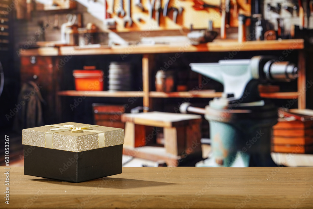 Santa Claus workshop, empty table and composition of golden gifts ...