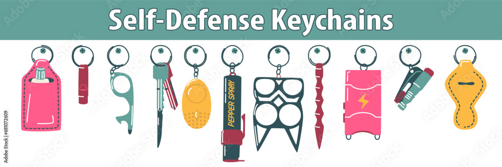 Set of keychains for self-defense, pepper spay, kay, stun gun, knuckle ...